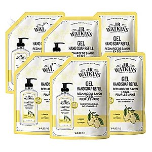 J.R. Watkins Gel Hand Soap Refill Pouch, Scented Liquid Hand Wash for Bathroom or Kitchen, USA Made and Cruelty Free, 34 fl oz, Lemon, 6 Pack
