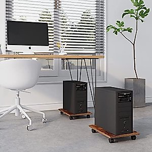 JOIN IRON CPU Stand Computer Tower Stand, Set of 2 Pc Tower Stand, Floor Pc Stand for Under Desk, Wood CPU Holder Stand Cart with Lockable Wheels, for Office, Home（Brown (Set of 2)