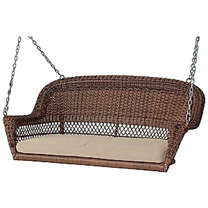 Pemberly Row Wicker Patio Porch Swing with Cushion in Honey and Tan