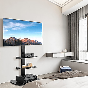 TVON Universal TV Floor Stand with Swivel Mount Height Adjustable for 32-65 Inch Flat or Curved Screen TVs, 3-Shelf Tempered Glass Base for Media Storage, Cable Management, VESA 400x400 mm