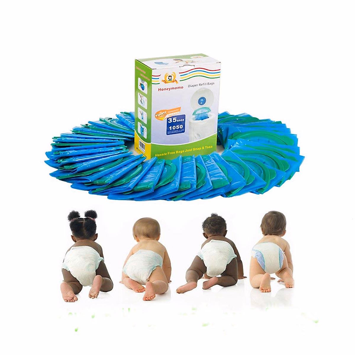 Honeymomo Baby Bathing Diaper refill bags 35 Bags 1050 Counts Fully Compatible with Arm&Hammer Disposal System Diaper Pail Snap, Seal and Toss Refill Bags