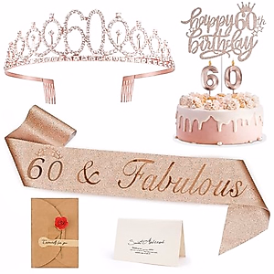 60th Birthday Decorations, Birthday Crown Set Includes Rose Gold Shoulder Strap, Cake Insert Plaque, 60th Font Candle, Kraft Greeting Card, and Simulated Roses Perfect for Women/Girls Birthday Party!