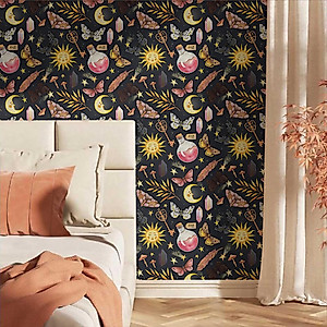 BEETAL Black Navy Fantasy Magical Sun Moon Crystal Butterfly Mushroom Stars Peel and Stick Wallpaper Easy Peel Off Contact Paper Stick on Adhesive Wall Paper for Bathroom Waterproof Renter