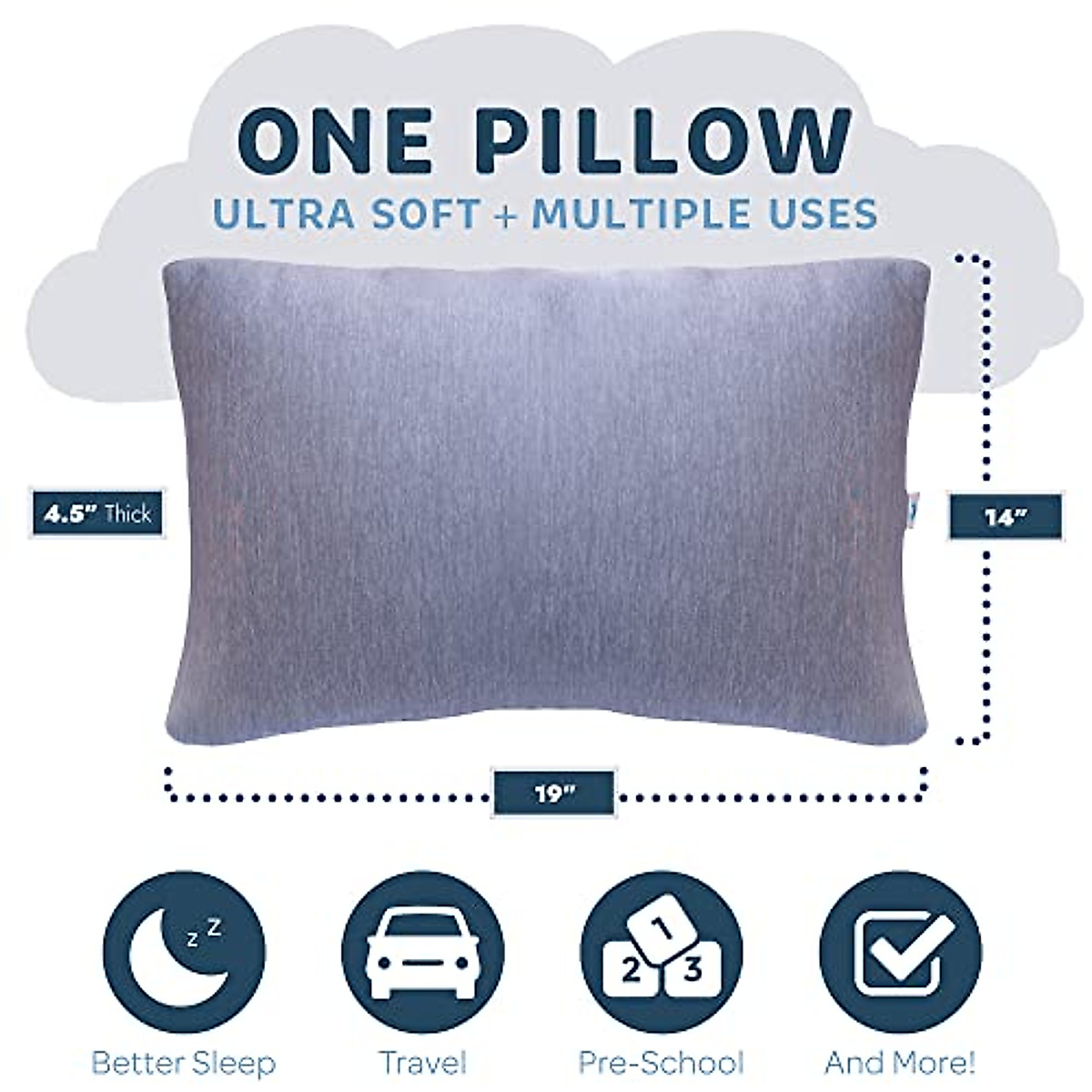 Pharmedoc Little Garoo Sleeping, Travel, Mini Polyester Pillow with Pillowcase for Toddler 14x19, 1 Count (Pack of 1), Grey Cooling