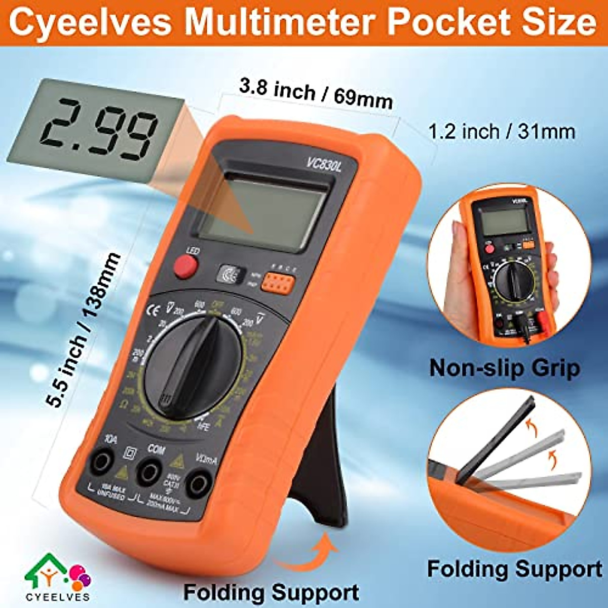 Digital Multimeter, Multimeter with AC DC Voltmeter & Ohm Volt Amp Tester, Multifunction Battery Tester, Pocket Meter with Backlight Tests Wire, Voltage Tester Measure Voltage Current Resistance Diode