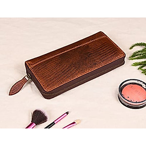 Aaron Leather Goods Women's RFID Blocking Large Capacity Leather Wallet Zip Around Phone Clutch Large Travel Purse Wristlet (Walnut)