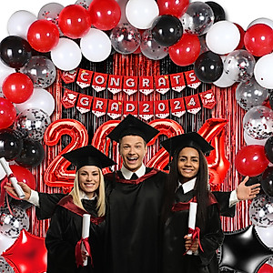 BBTO Graduation Decorations 2024 Graduation Party Supplies Congrats Grad Banner Confetti Star Balloons Foil Fringe Curtain Tablecloth for College High School Grad Decor (Red, Black)