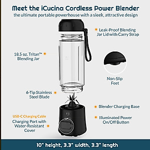 iCucina Portable Blender Fruit Mixer Rechargeable with USB Blender for Smoothie Protein Shakes Fruit Juice Office Sports Home Travel (White)