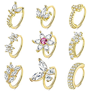 ORAZIO 9Pcs 20G Nose Rings Hoops For Women Surgical Steel Paved CZ Cartilage Earring Hoop Cute Butterfly Flower Nose Piercing Jewelry Silver Gold Black Rose Gold Nose Ring Hoop