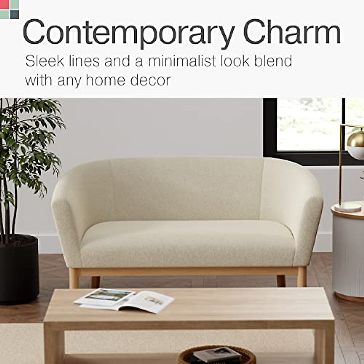 Mid-Century Curved Back Loveseat Sofa - 57.5" - Luxury and Comfortable Home Decor for Offices, Living Rooms, and Bedrooms - Solid Wood Legs and Breathable Fabric Cushions (Ivory)
