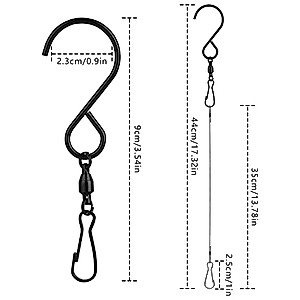 XLDLQU 5 Pack Black Swivel Hooks, 360° Stainless Steel S Hook Clips with 12.5 inch Extended Wirerope for Hanging Wind Spinners, Wind Chimes, Bird Feeder, Crystal Twisters (5 Pack)