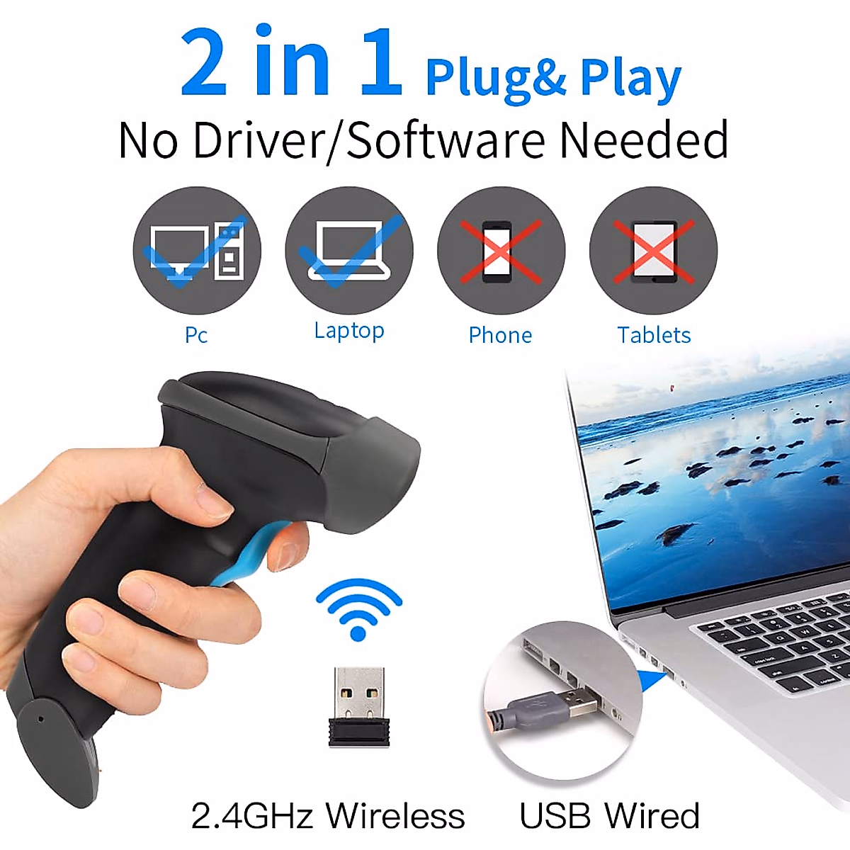 2D 1D 2.4G Wireless Bar Code Scanner Versatile 2 in 1 (Wireless+Wired) for Computers PC, UNIDEEPLY Automatic Barcode Reader Scanner 196 Feet Indoor Transmission Distance, QR PDF417 Scanning Gun, Black