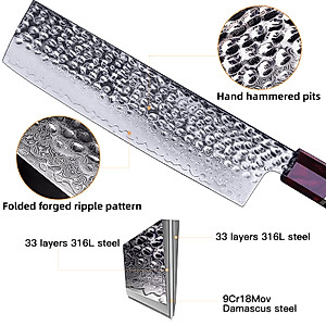 FINDKING 7 Inch Japanese Nakiri Knife with ABS sheath, Professional Vegetable Cleaver, Damascus Steel Blade, Resin Octagonal Handle, for Shredding, Slicing, Mincing (Eternity Series)