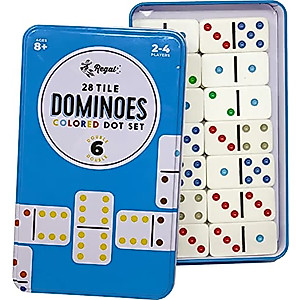 Regal Games - Double 6 Dominoes - Colored Dots Set - Fun Family-Friendly Dominoes Game - Includes 28 Tiles & Collector’s Tin - Ideal for 2-4 Players Ages 8 for Kids and Adults