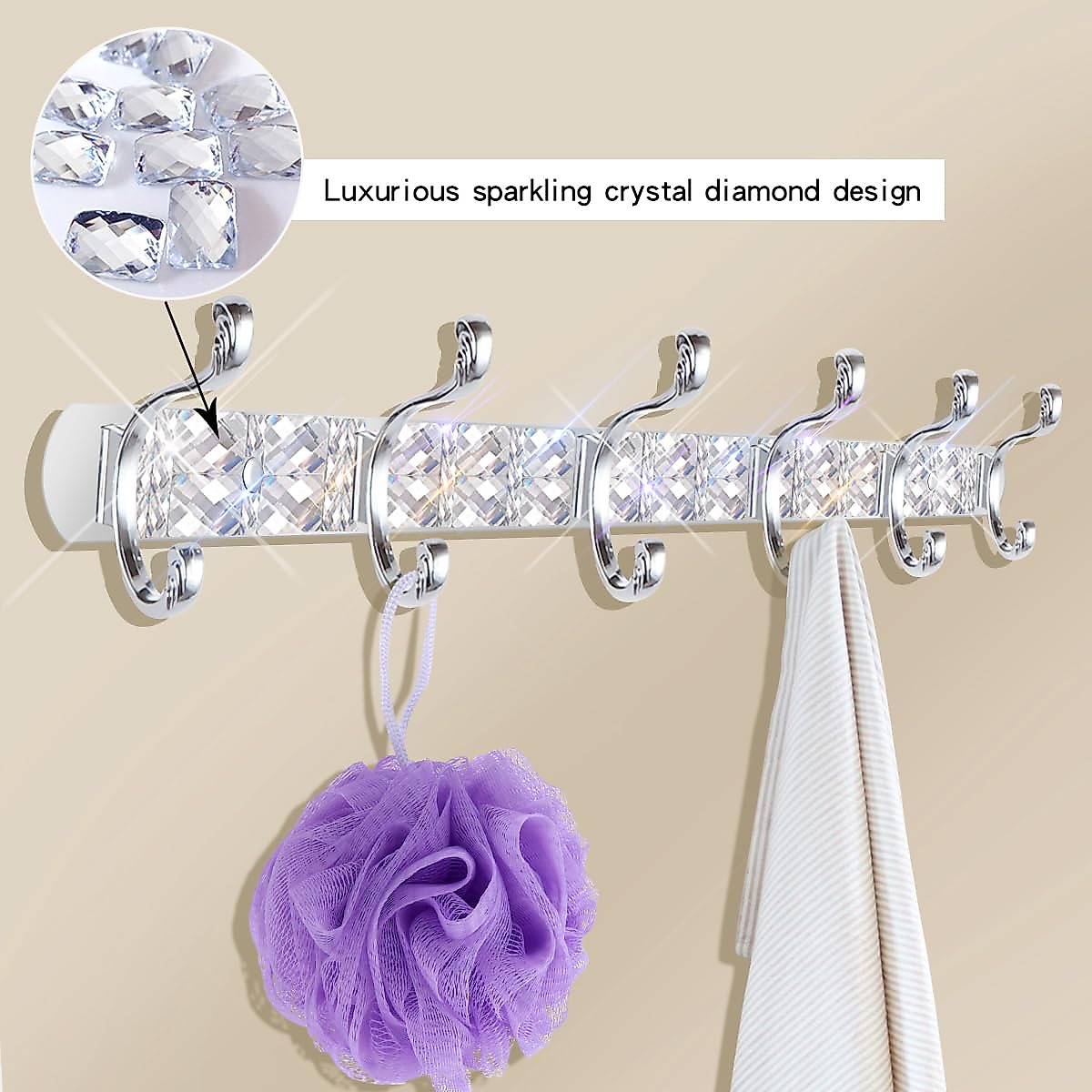 GUFONKOD Bling Coat Rack Wall Mount, Sparkle Silver Gem Diamond Wall Mounted Suitable for Key Hat Towel Purse Robes, Glitter Hooks Decorative Rack for for Entryway, Bedroom, Bathroom (6 Hooks)