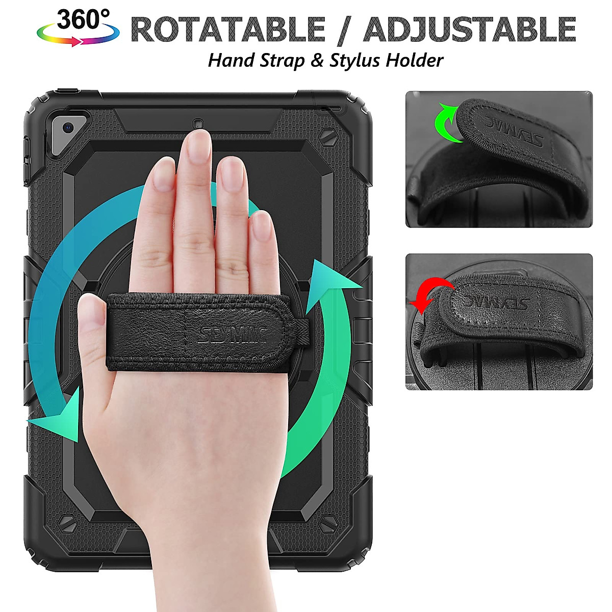 SEYMAC stock Case for iPad 9th/ 8th/ 7th Generation 10.2'', Shockproof Case with Screen Protector Pencil Holder [360° Rotating Hand Strap] &Stand, Case for iPad 10.2 inch 2021-2019 (Black)