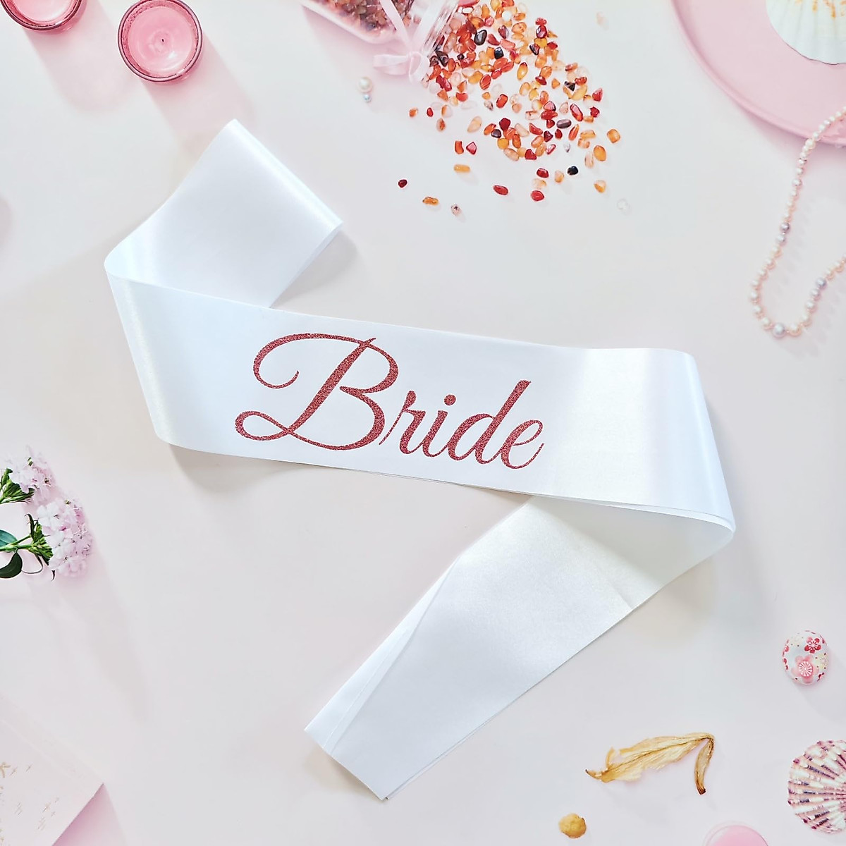 Magnusson's Garden Bride Sash, White and Rose Gold Glitter Bachelorette Party Sash for Future Mrs, Bridal Shower Sash for Bride-to-Be, Wedding Party Decorations