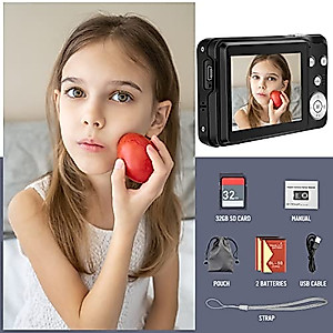 Digital Camera, Kids Camera for Teens Boys and Girls, 48MP 2.7K Digital Camera with 16X Digital Zoom, 32 GB SD Card and 2 Batteries Included (Black)