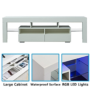 DMAITH White LED TV Stand for 50/55/60/65/70 TV, High Gloss Gaming Entertainment Center with Drawers and Open Shelves, TV Console Table for Living Room, Bedroom