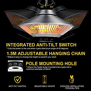 Festa Essential IP55 1500W Electric Hanging Patio Heater for Outdoors w/Infrared Carbon Tubes, LED Light, Tilt Switch and Pole Mounting Hole - Black