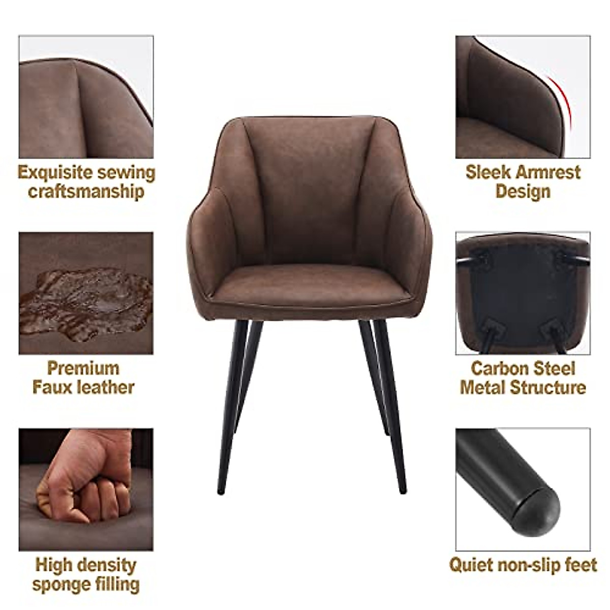CLIPOP Modern Dining Chairs Set of 2, Upholstered Faux Leather Accent Chairs with Metal Legs, Armchair Desk Chair Thick Sponge Seat for Living Room Bedroom Guest Room, Brown