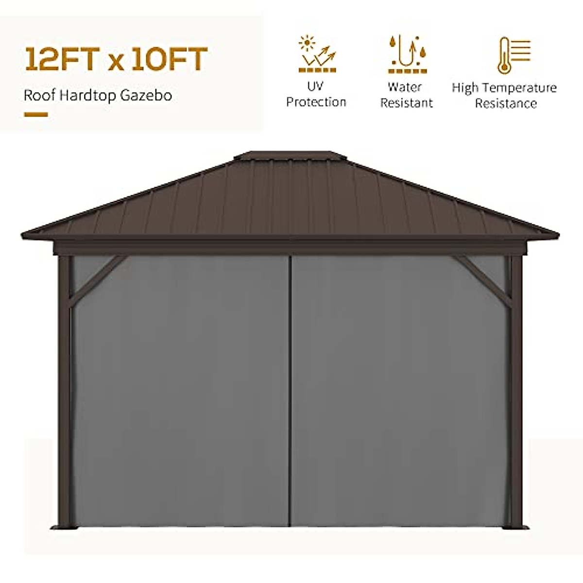 Outsunny 10' x 12' Hardtop Gazebo Canopy with Galvanized Steel Roof, Aluminum Frame, Permanent Pavilion with Top Hook, Netting and Curtains for Patio, Garden, Backyard, Deck, Lawn, Gray