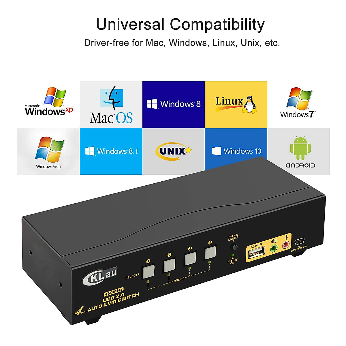 CKLau 4 Port 450MHz USB Auto VGA KVM Switch with Audio and Cables, Monitor Switch for Multiple Computers Support Windows, Linux, Mac, Debian, Ubuntu, Fedora, Raspbian, Ubuntu