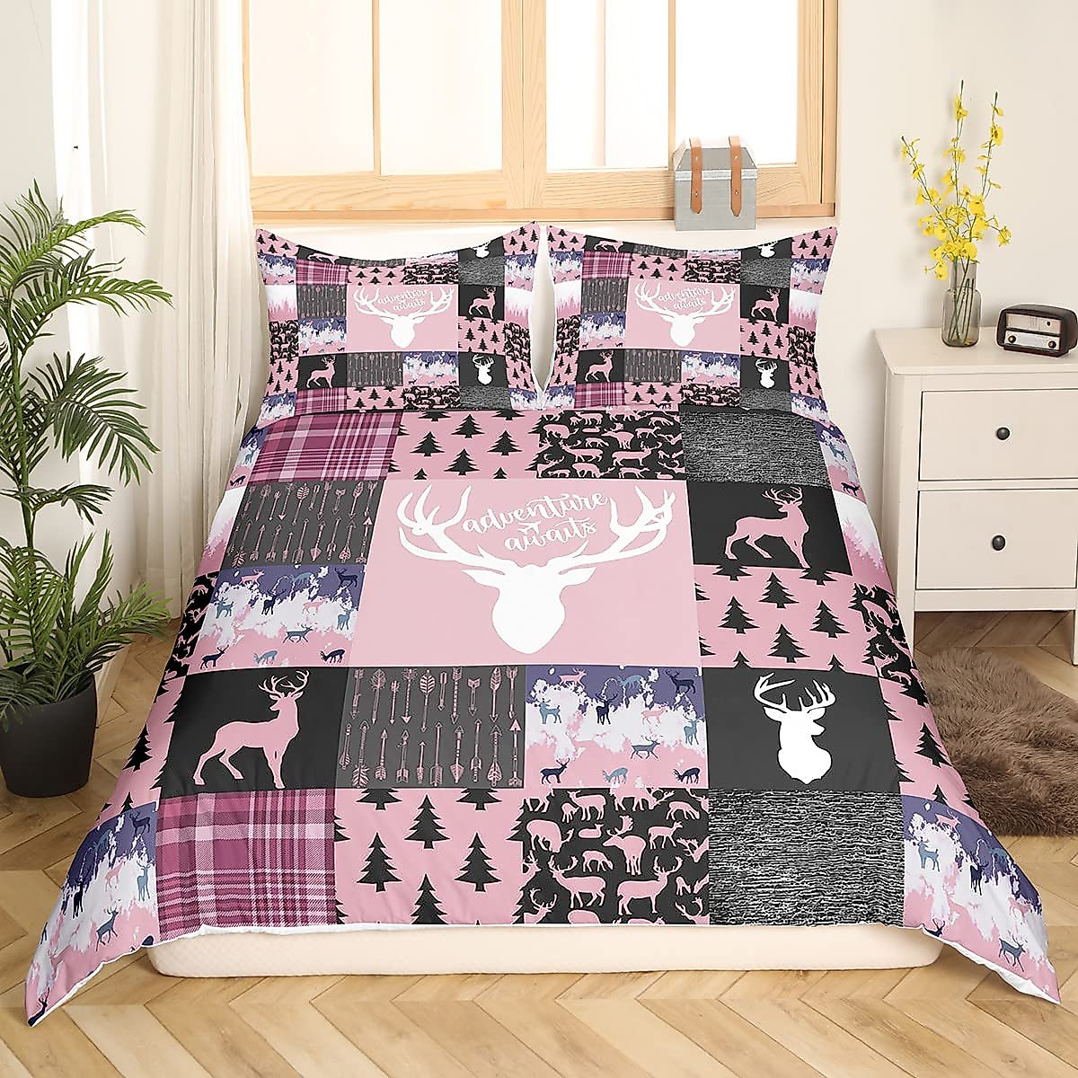 Erosebridal Farmhouse Moose Duvet Cover for Kids Boys Girls,Pink Deer Sketch Bedding Set,Rustic Elk Comforter Cover Twin,Woodland Animal Bed Sets with 1 Pillow Sham Lodge Bedroom Decor