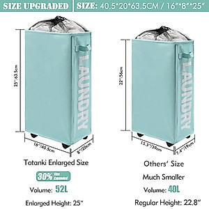 TOTANKI 25" Rolling Slim Laundry Basket on Wheels, Foldable Laundry Hamper with Handle, Collapsible Laundry Sorter and Organizer, Tall Storage Basket Bin (Light Blue)