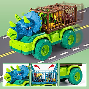 MAGICDINOSAUR Triceratops Dinosaur Truck Toy for Kids 3+ Years, Large Vehicle Carrier Car Toys, Monster Truck with Cage, Dino Eggs, Jurassic Dino Figures and Play Mat, Gift for Boys