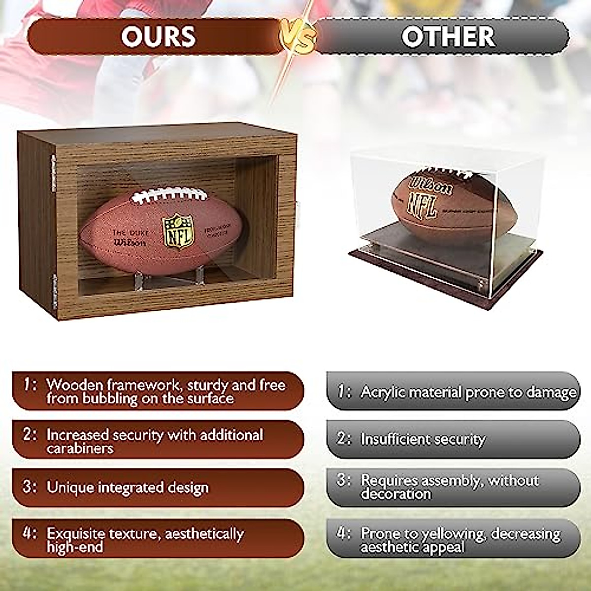 Full Size Wooden Football Display Case with Acrylic Football Stand【No Assembly Required 】 with 98% UV Acrylic Door, Sports Memorabilia Showcase and Storage Box