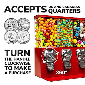 Vending Machine - Commercial Gumball and Candy Machine with Stand - Red Triple Vending Machine with Interchangeable Canisters - Coin Operated Candy Dispenser and Gumball Machine - Vending Dispenser