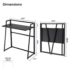 EUREKA ERGONOMIC Small Folding Desk No Assembly Required, 33" Study Desks Fold up Desk Laptop Working & Crafting Desk, Black