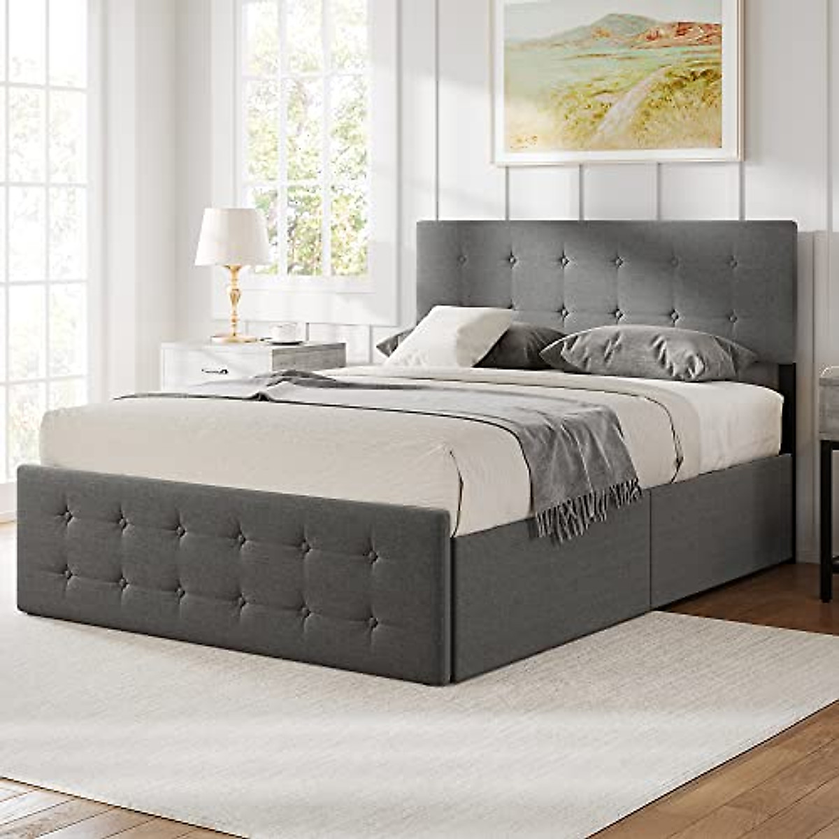 GAOMON Queen Bed Frame with Storage, Grey Bed Frame Queen Size with 4 Drawers and Headboard, Platform Bed Frame with Large Storage, No Box Spring Needed, Noise-Free, Easy Assembly