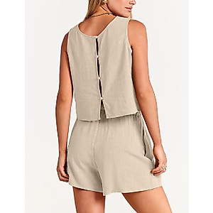 PUWEI Womens Summer Linen 2 Piece Sets Lounge Outfits Crop Tank Top High Waist Shorts Matching Sets Romper (2870-Apricot-XL)