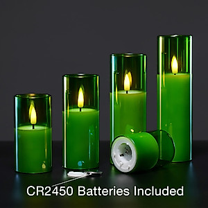 Girimax Green Glass Flameless Candles with Remote, Flickering LED Votive Pillar Candles Battery Operated Slim Tall Candles Φ 2" H 3" 4" 5" 6" 7"