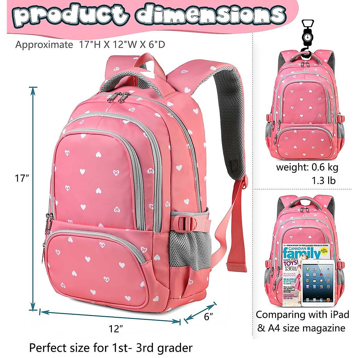 BLUEFAIRY Lightweight Water Resistant Backpack for Girls, Pink, 5-9 Years, Laptop Compartment, Adjustable Shoulder Straps, Breathable Mesh