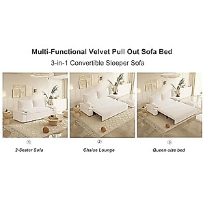 3-in-1 Convertible Queen Size Pull Out Sleeper Sofa Bed, Velvet Fabric Multi-Functional Futon Loveseat Couch Bed Lounge Chaise with 2 Soft Pillows and Detachable Cushions for Living Room
