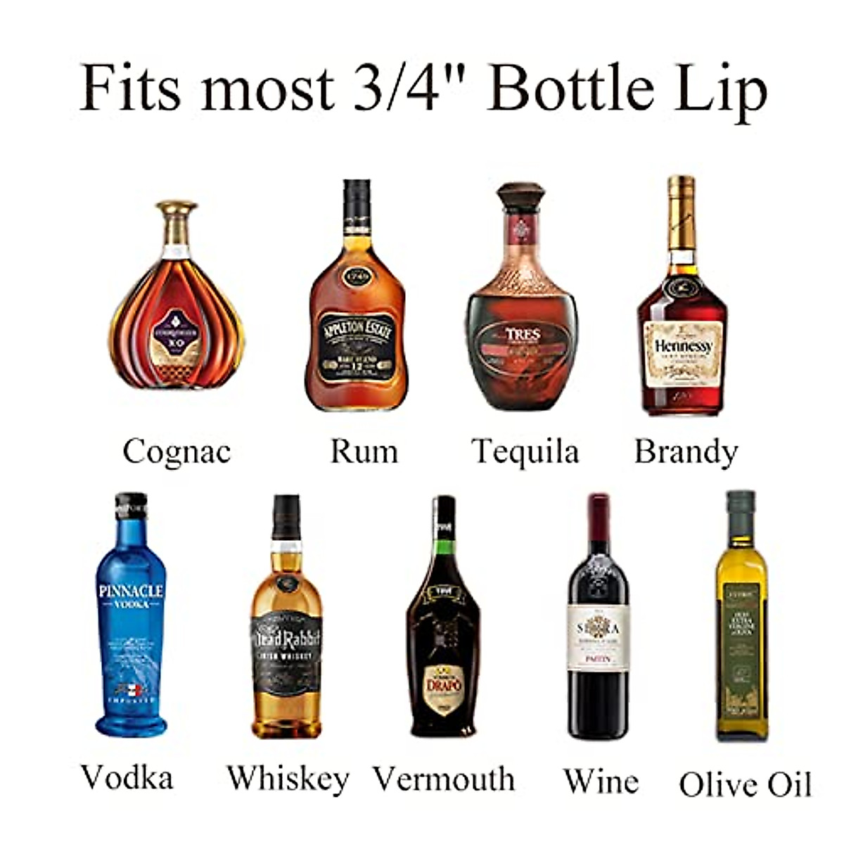 10 Pack Liquor Bottle Pourers, Stainless Steel Pour Spouts with Long Dust Caps Covers, Seal Pour Spout and Air Vent Tube, Hygienic, Dishwasher Safe.