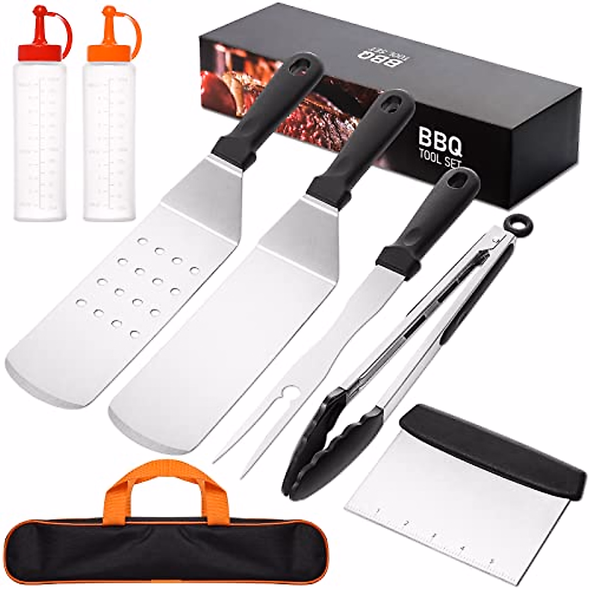 AIKWI Blackstone Griddle Accessories Tool Kit, (8 Pieces) Flat Top Grill Professional Grade Set, with Spatulas, Fork, Tong, Chopper, Bottles & Carry Bag, Perfect for Outdoor BBQ, Indoor Cooking