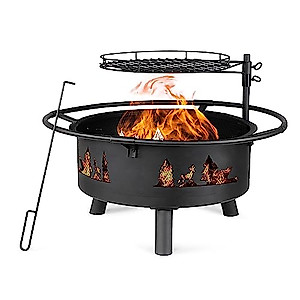 Fire Pits for Outside, Wood, Bonfire Pit, 30 Inch Round Cast Iron Fire Pit with Grill for Patio, Backyard with Spark Screen, Fire Poker and Metal Grate, Forest Cutout Pattern