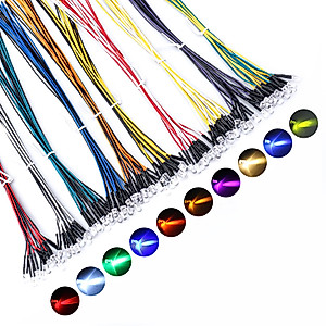 DiCUNO 100Pcs (10 Colors × 10Pcs) 5MM Pre Wired 12V LED Diodes, 9.4 Inch/24CM Ultra Bright Light Emitting Diodes Assorted Color Kit Box for Circuit Science Experiment, DIY Lighting Projects
