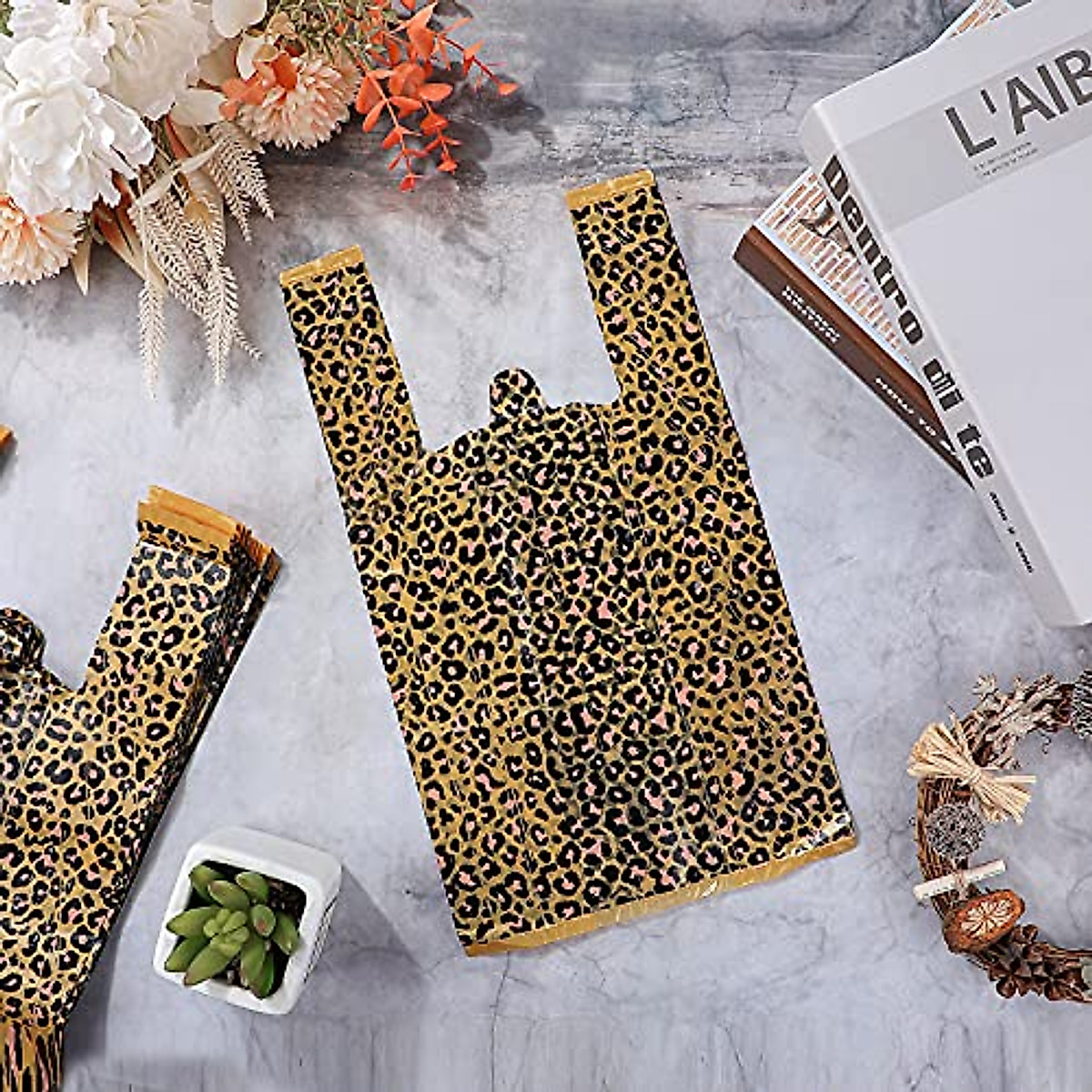 Outus 50 Pieces Leopard Print Plastic T-Shirt Bags Large Leopard Double-Print Treat Bags with Handles for Grocery Shopping Home Using, 5 Mil and 19 x 35 x 12 cm