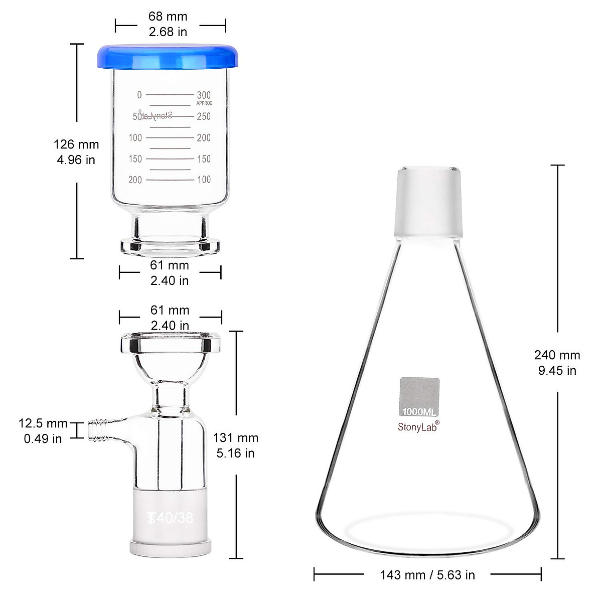 stonylab Borosilicate Glass Filtration Apparatus, Vacuum Filter Kit with 1000ml Filtering Flask