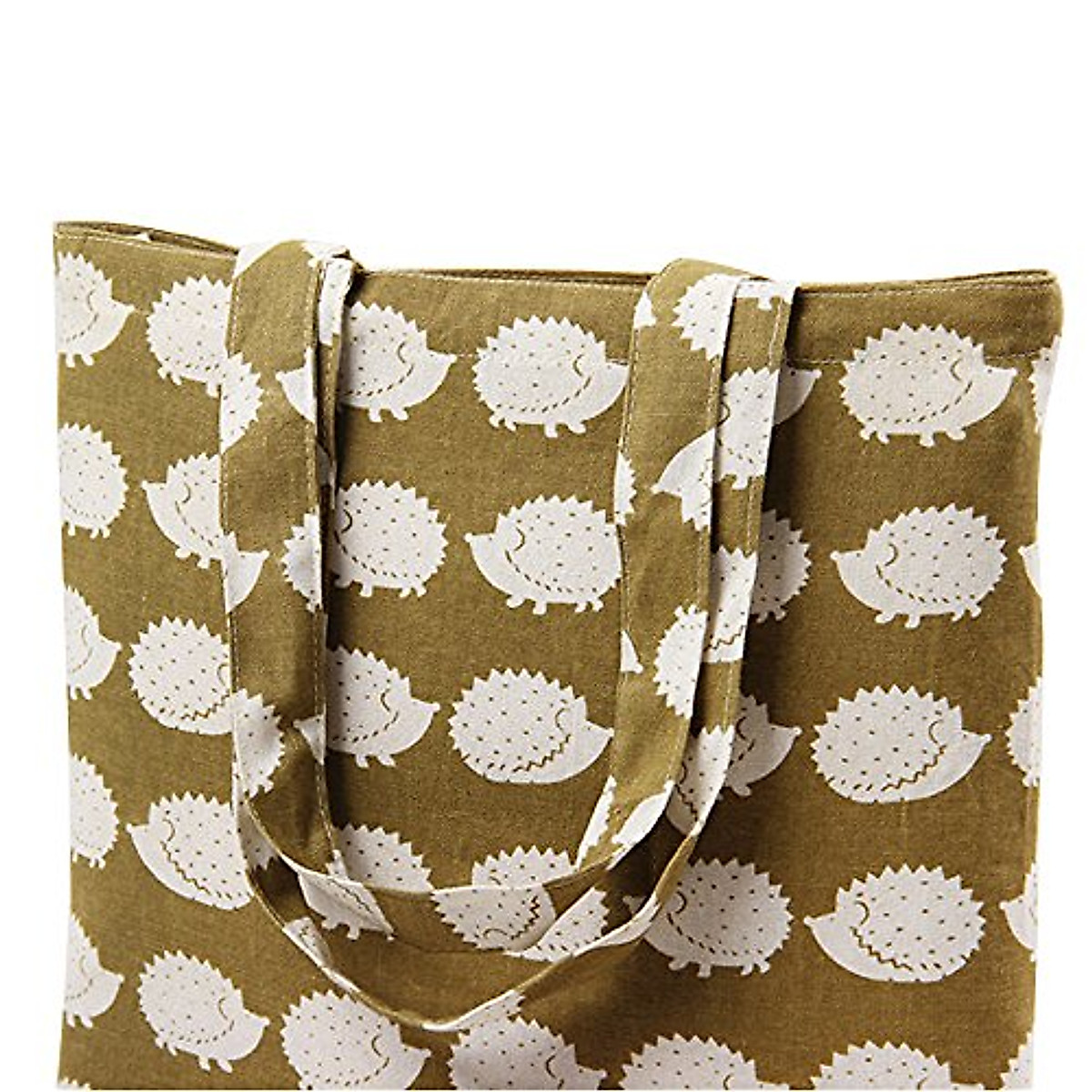 Nuni Women's Cute Hedgehog Print Canvas Tote Bag Olive, Zip Closure, Medium