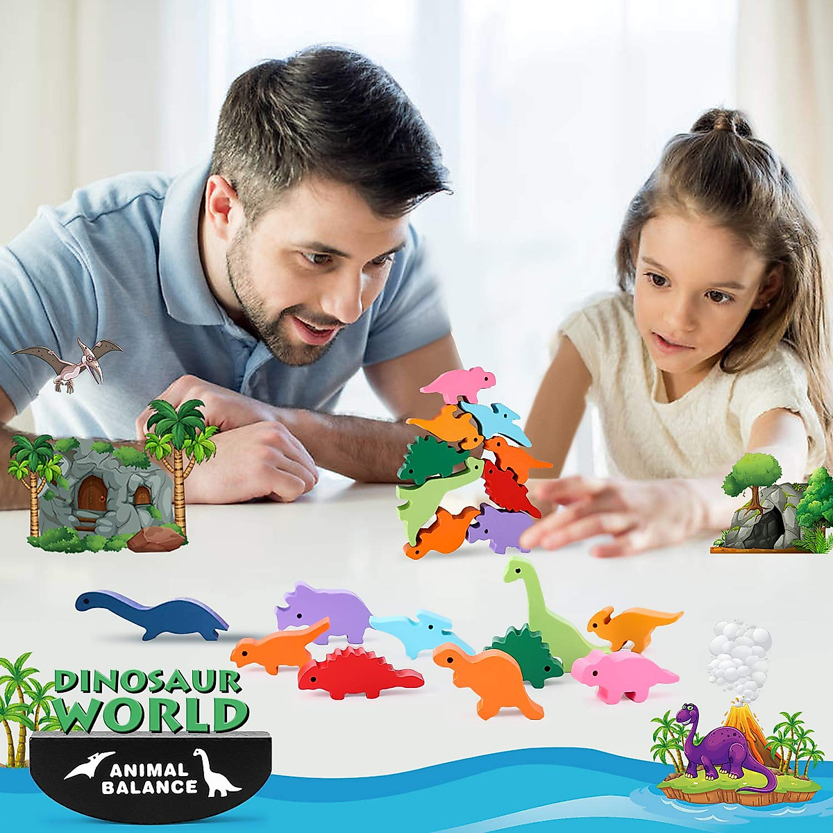 PJDRLLC Dinosaur Toy Wooden Stacking Game: Challenging Banlance Game - Develop Concentration Coordination Problemsoving Skills for Kids Ages 3 Years Up