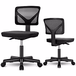 Armless Mesh Office Chair, Ergonomic Computer Desk Chair, No Armrest Small Mid Back Executive Task Chair with Lumbar Support and Swivel Rolling for Small Spaces, Black