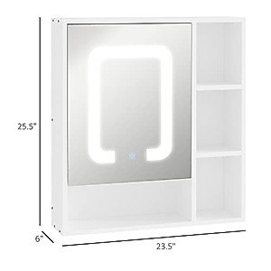 kleankin LED Light Medicine Cabinet with Mirror Door, Wall-Mounted Bathroom Vanity Organizer with Dimmer Touch Switch, and USB Charge, White