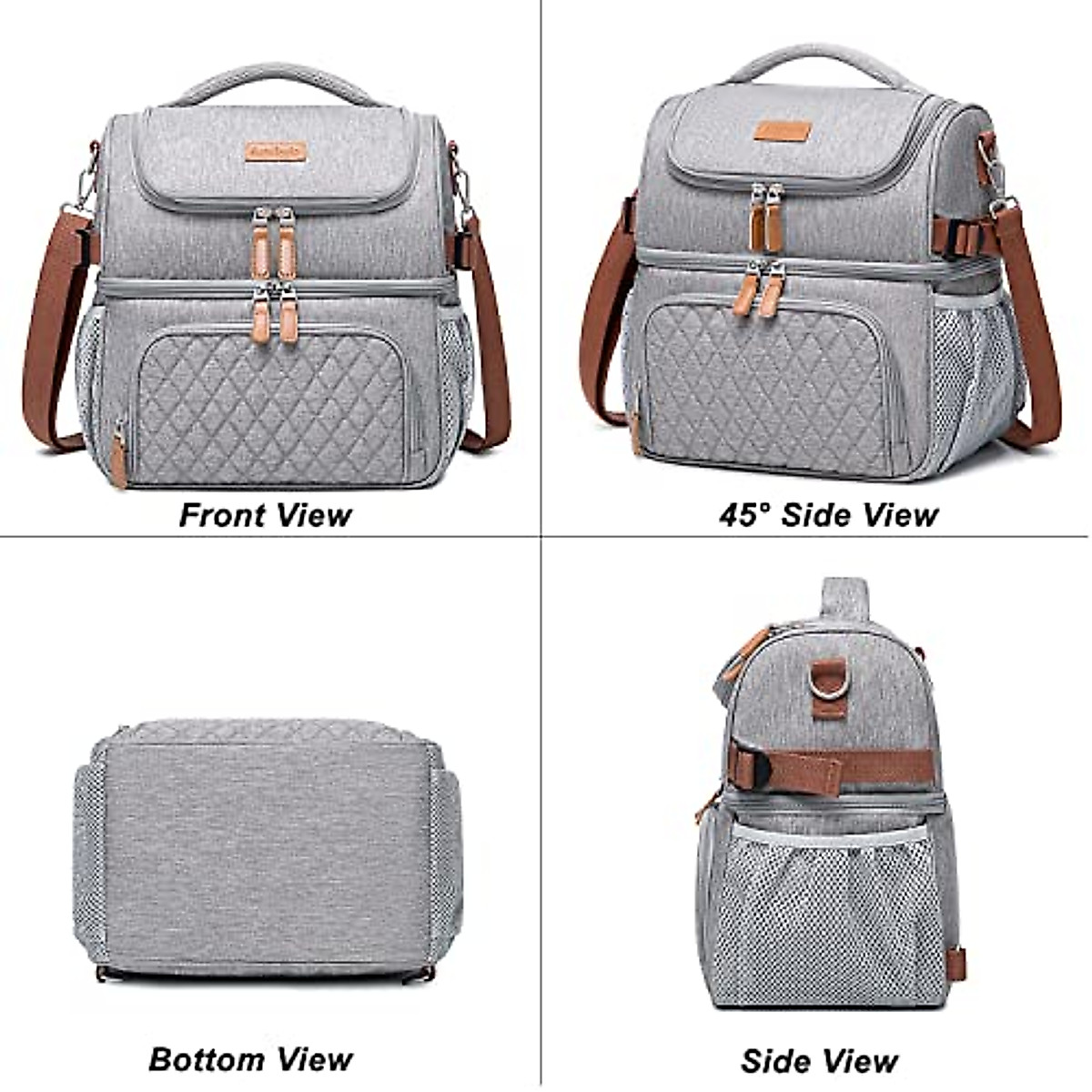 Artelaris Lunch Bag for Men Women, Large Double Deck Lunch Box Tote for Work, Dual Compartment Insulated Leakproof Lunchbox Cooler for Adult with Shoulder Strap & Side Pocket for Picnic Hiking Outdoor