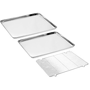 Baking Sheets 2 Pieces with A Rack, HKJ Chef Cookie Sheets and Nonstick Cooling Rack & Stainless Steel Baking Pans & Toaster Oven Tray Pan, Rectangle Size 12.5 x 10 x 1 inch & Non Toxic